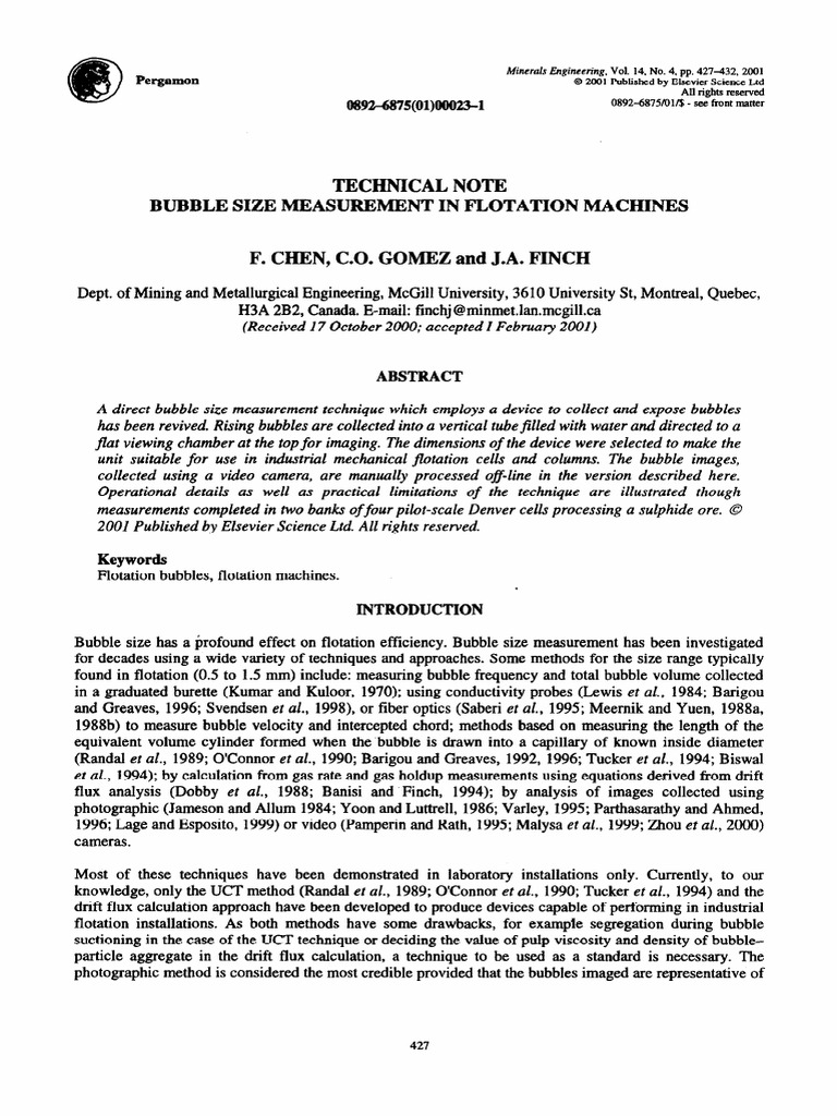 Bubble Size Measurement in Flotation Machines | PDF | Camera | Chemistry