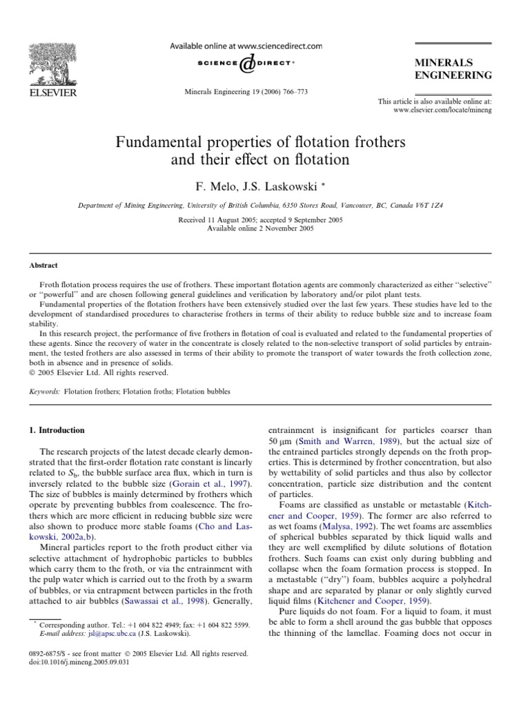 Fundamental Properties of Flotation Frothers and Their Effect On ...
