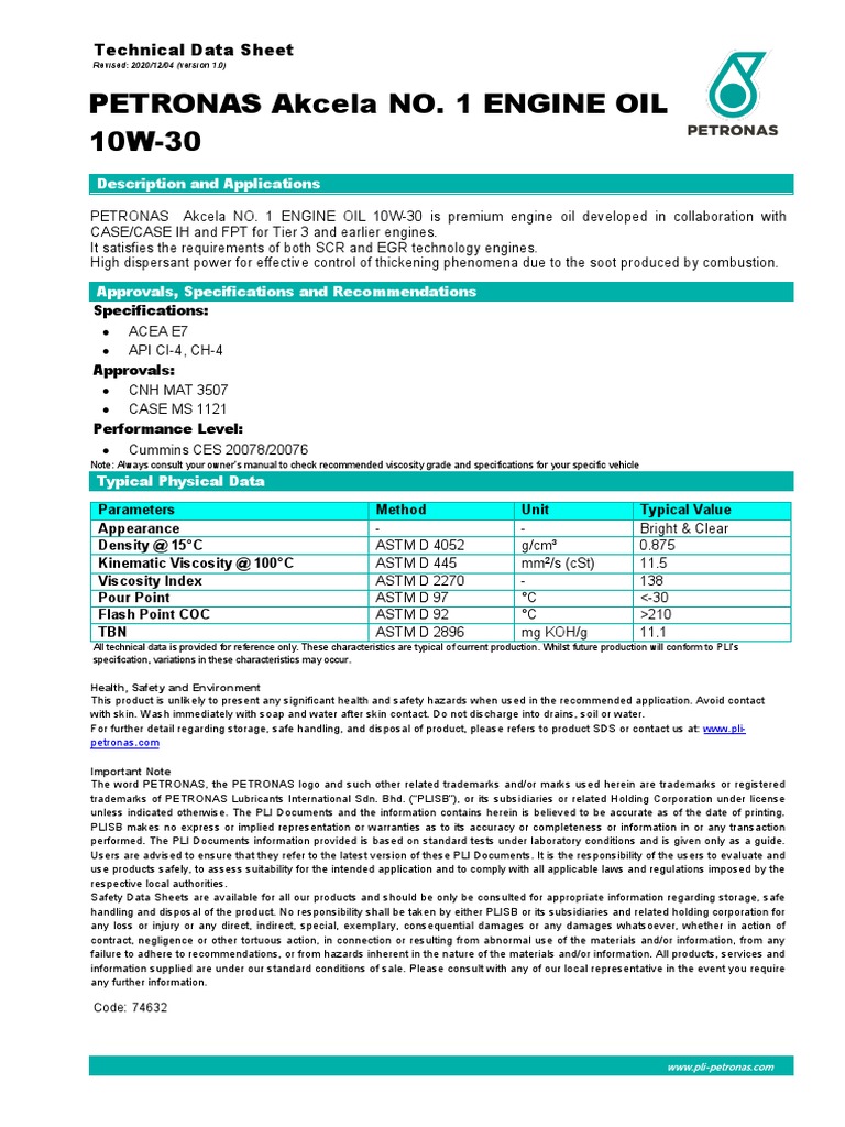 Petronas Akcela No. 1 Engine Oil 10W-30: Technical Data Sheet | PDF ...