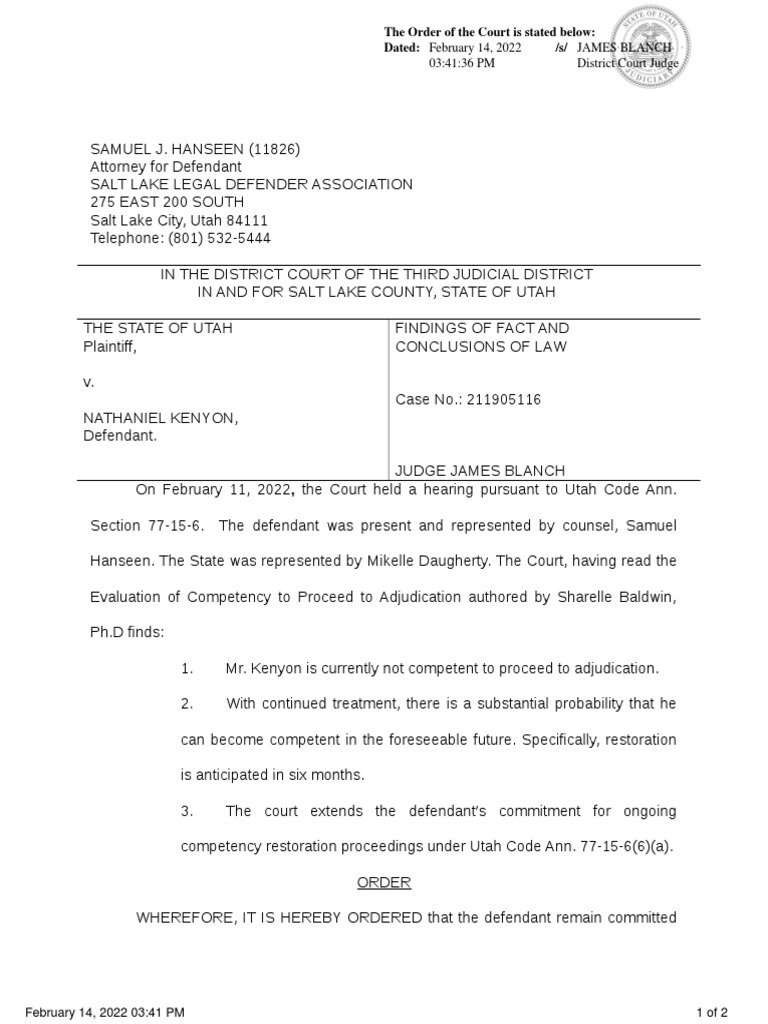 Nathaniel Kenyon: Competency Hearing | PDF | Separation Of Powers | Justice