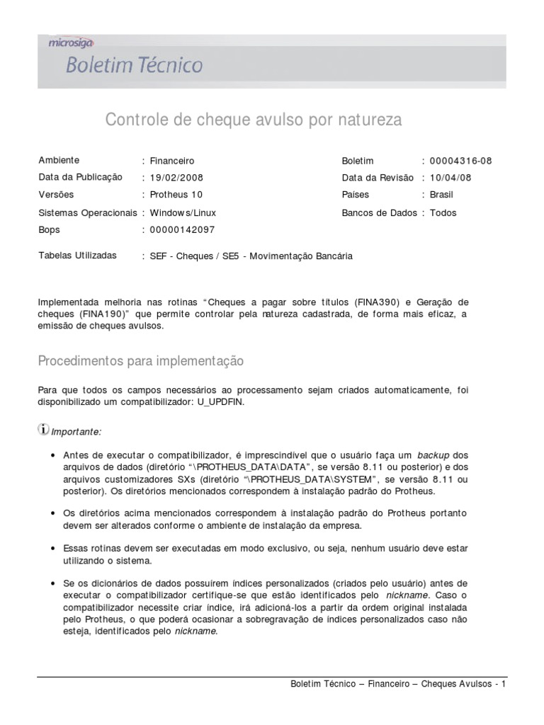 FIN - Controle de Cheque Avulso Por Natureza | Download grátis PDF ...