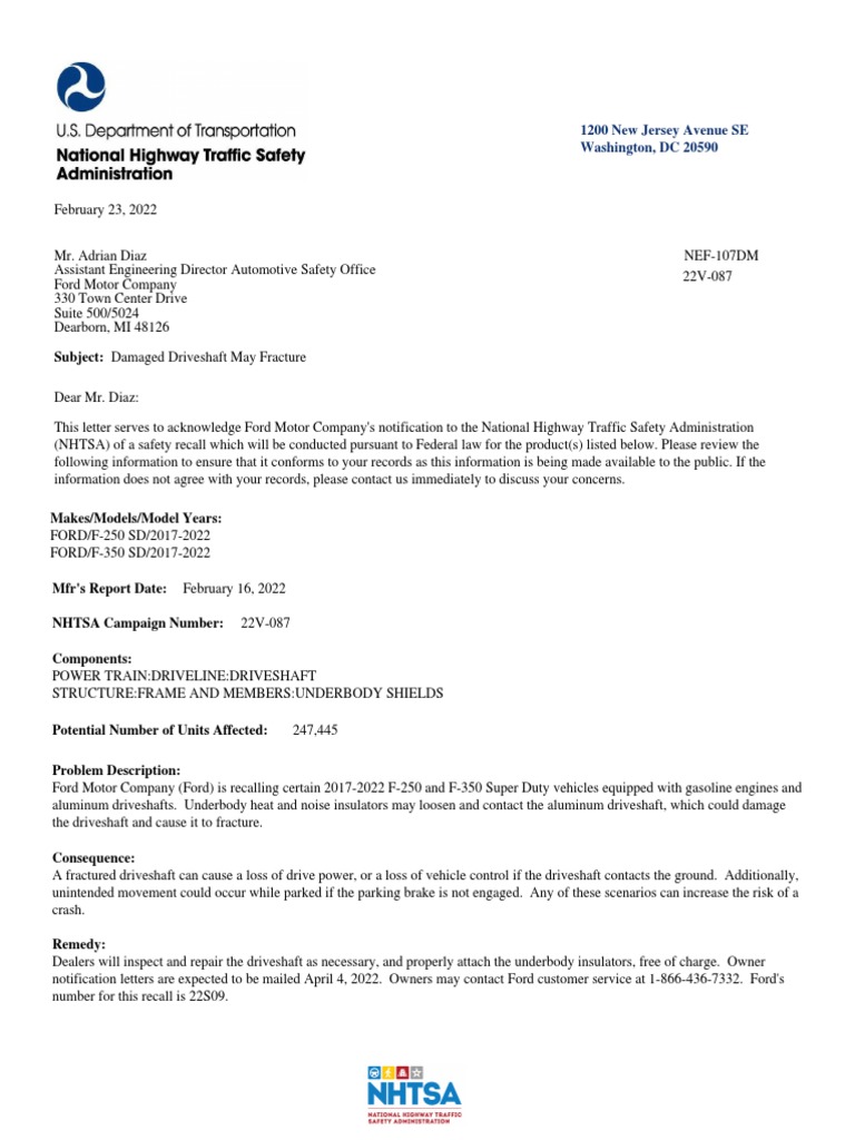 Ford Letter To NHTSA | PDF | National Highway Traffic Safety ...