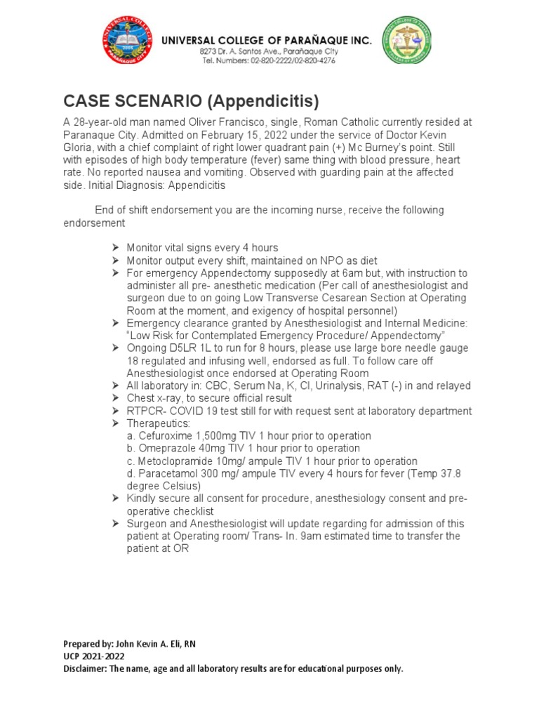 Appendicitis Case Study and Nursing Care | PDF | Anesthesia | Surgery
