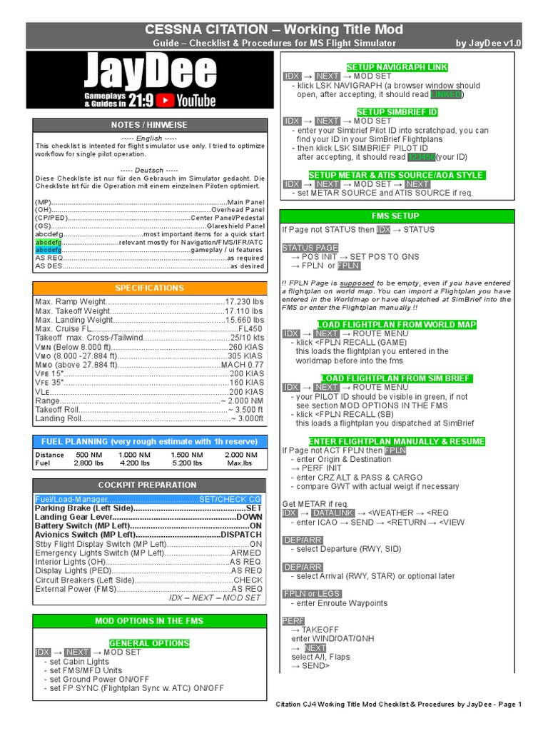 Jaydee's Checklist MSFS 2020 CJ4 v1.0 | PDF | Takeoff | Aircraft