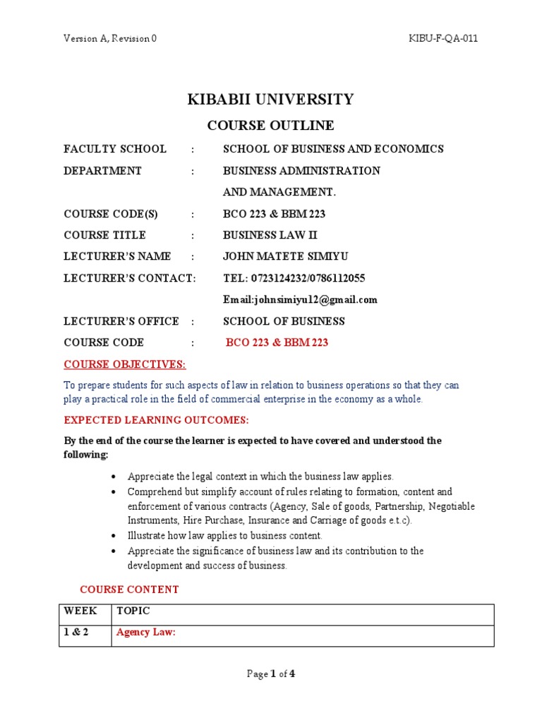 Bco 223 & BBM 223 - Business Law Ii - Course Outline-Feb - May 2022 ...