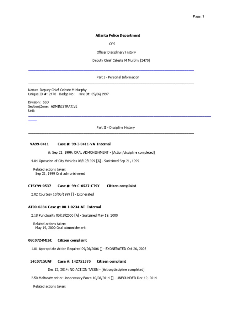 Atlanta Police Dept. Internal Affairs Report For Celeste Murphy, New ...
