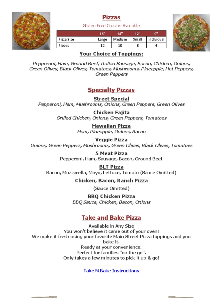 Main Street Pizza Menu | PDF | Pizza | Bacon