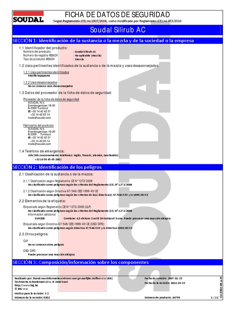 11.soudal Silirub Ac Msds | PDF | Dióxido de carbono | Combustión