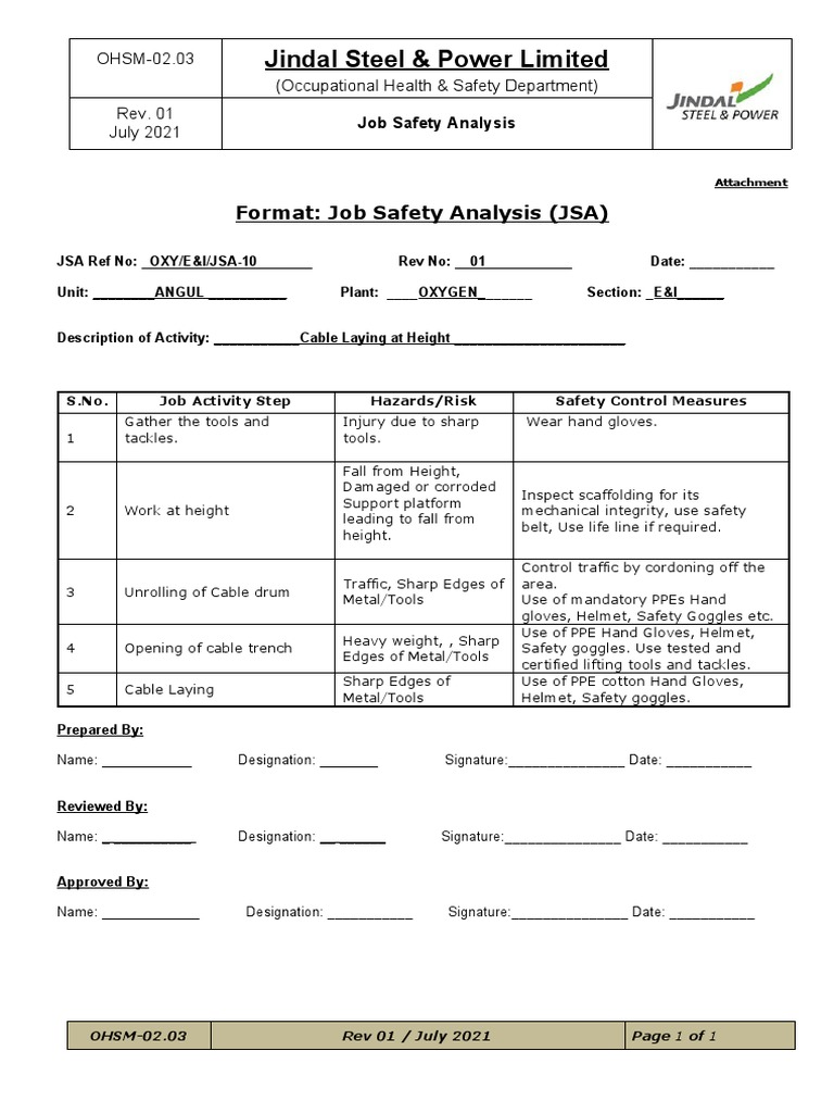 10 JSA Cable Laying at Height | Download Free PDF | Personal Protective ...