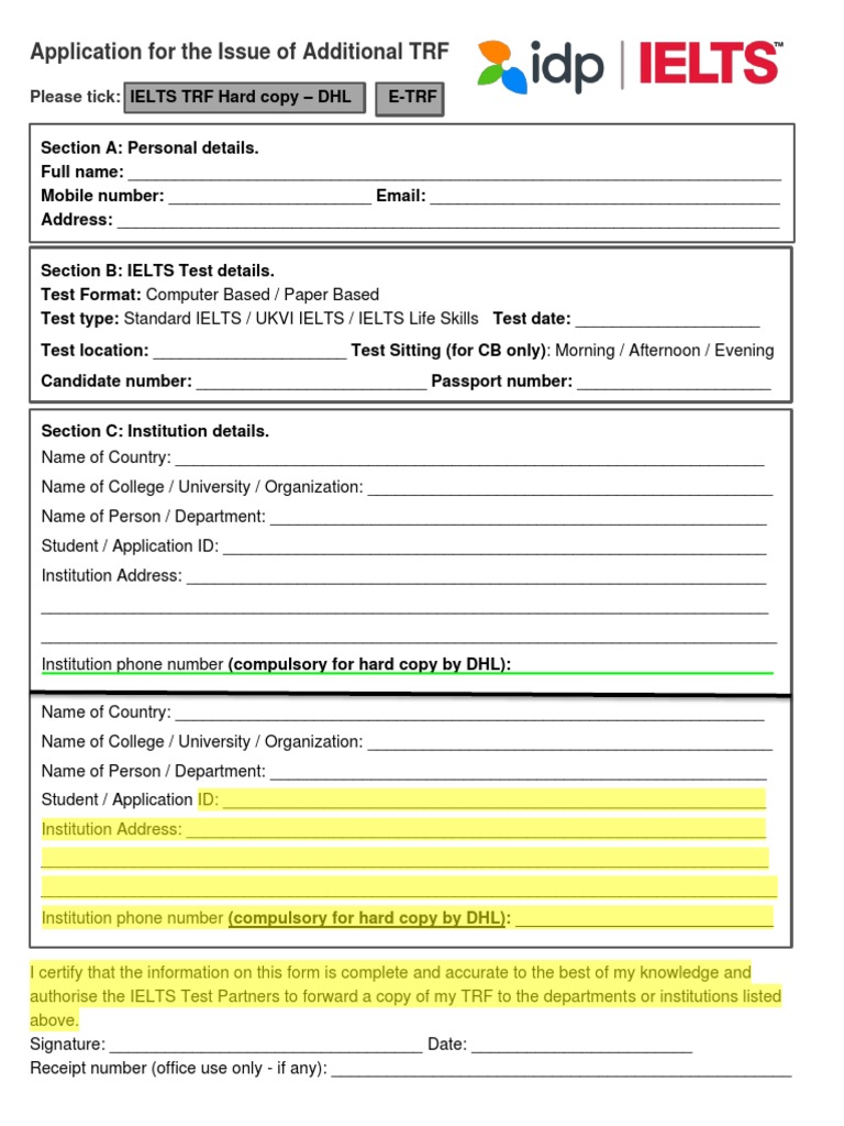 Additional TRF Application Form | PDF | International English Language ...