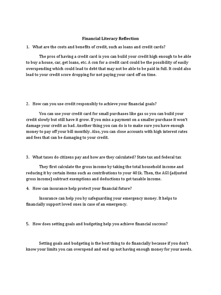 Financial Literacy Reflection | PDF | Finance & Money Management | Credit