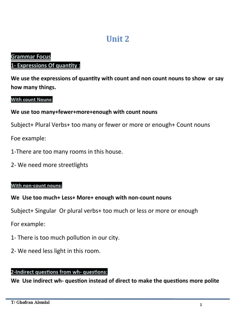 Unit 2: Grammar Focus 1-Expressions of Quantity | PDF | Noun | Plural