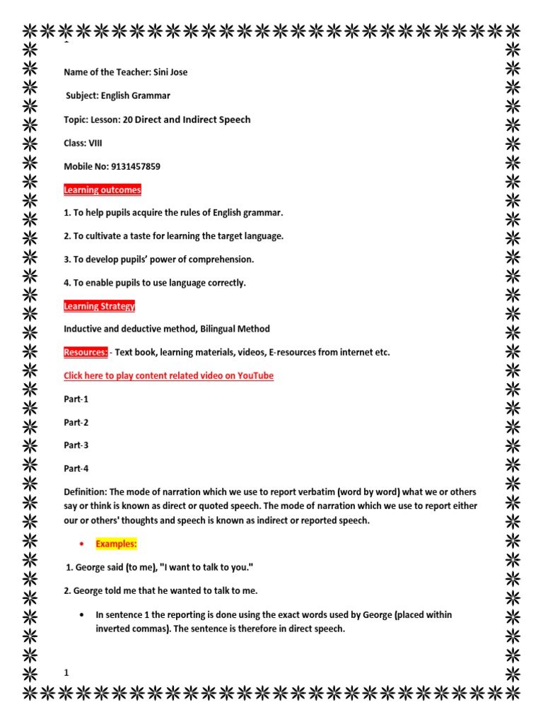 Direct and Indirect Speech: Learning Outcomes | PDF | Grammatical Tense ...
