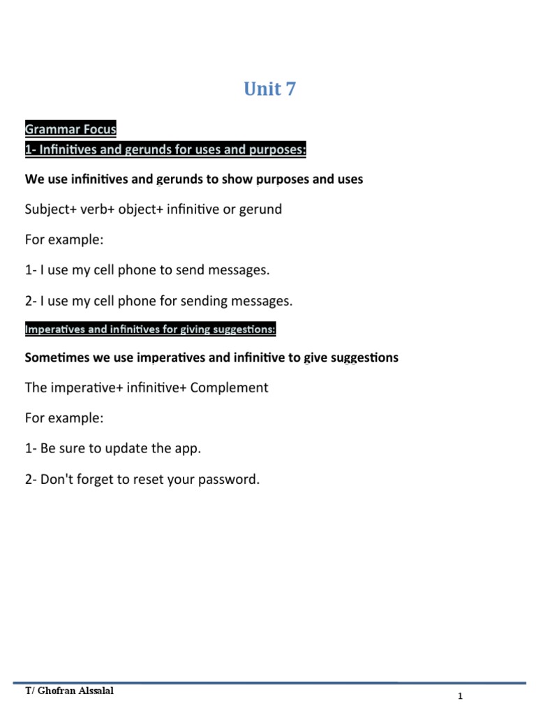 Unit 7: Grammar Focus 1-Infinitives and Gerunds For Uses and Purposes ...