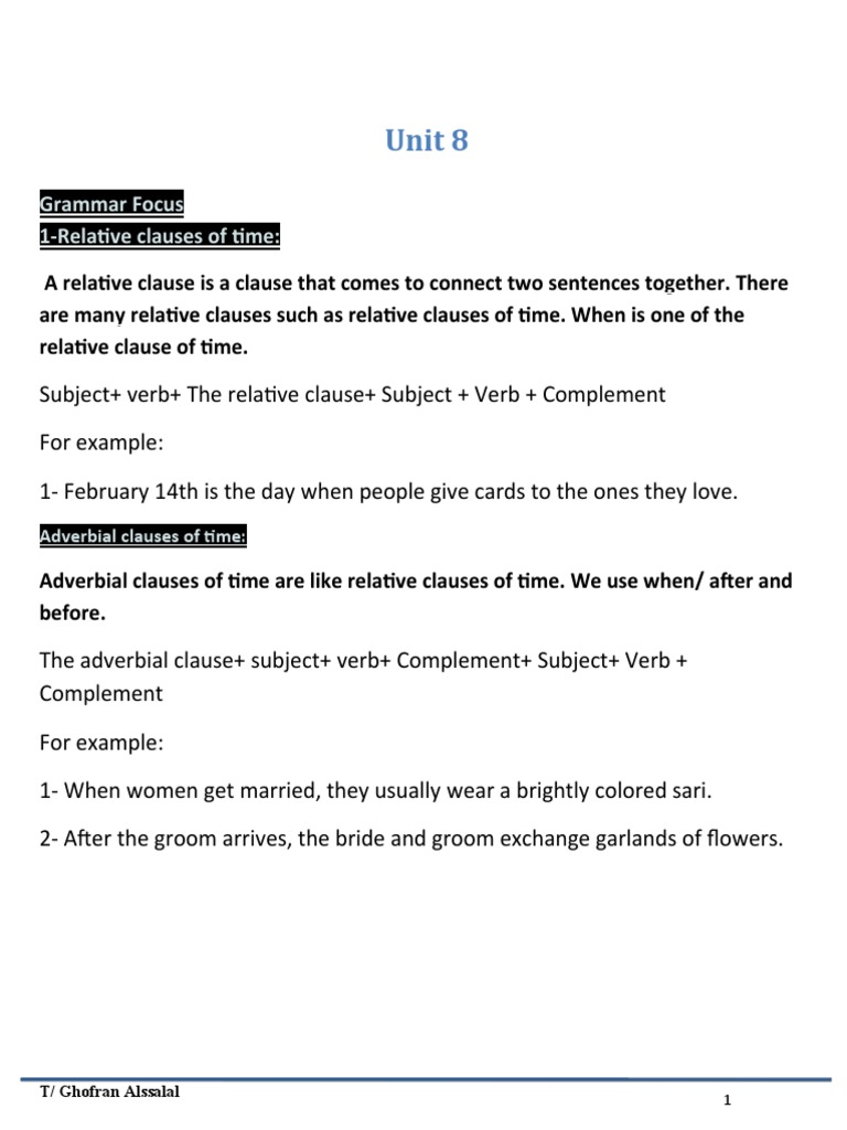 Unit 8: Grammar Focus 1-Relative Clauses of Time | PDF | Clause ...