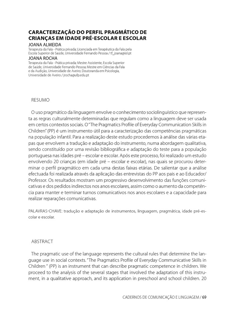 Caracterização Do Perfil Pragmático de Crianças em Idade Pré-Escolar E ...
