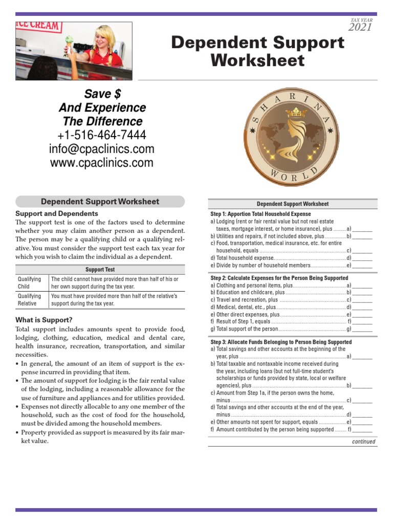 Dependent Support Worksheet: Save $ and Experience The Difference | PDF ...