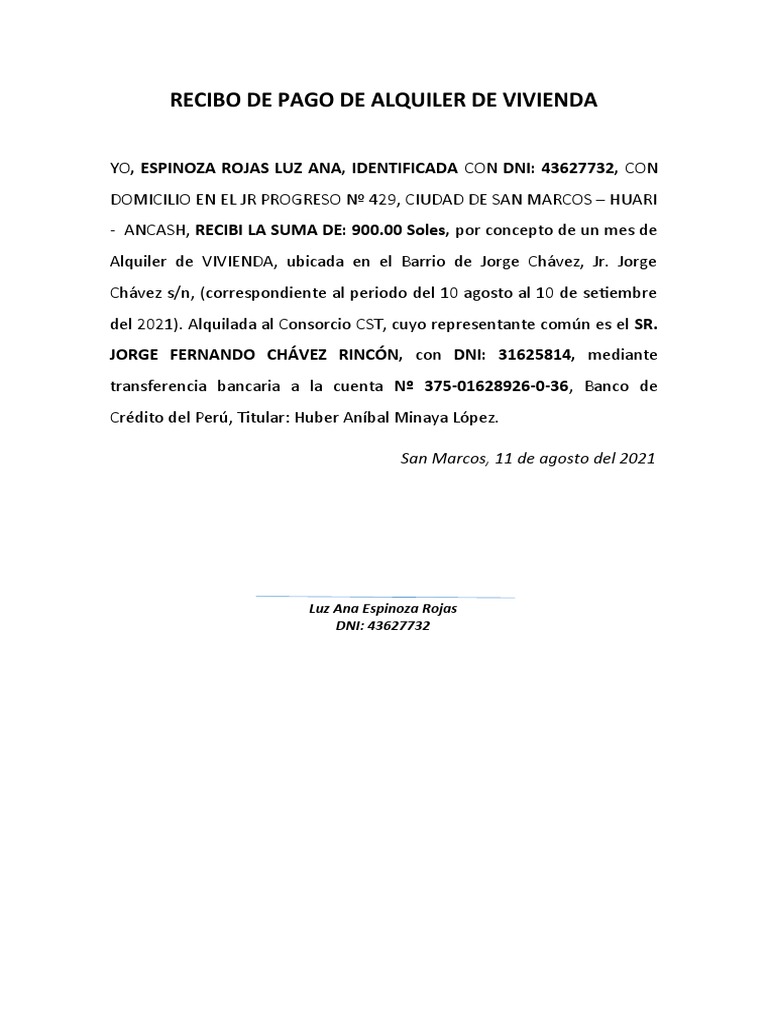 Recibo de Pago de Alquiler de Vivienda Agosto | PDF | Política ...