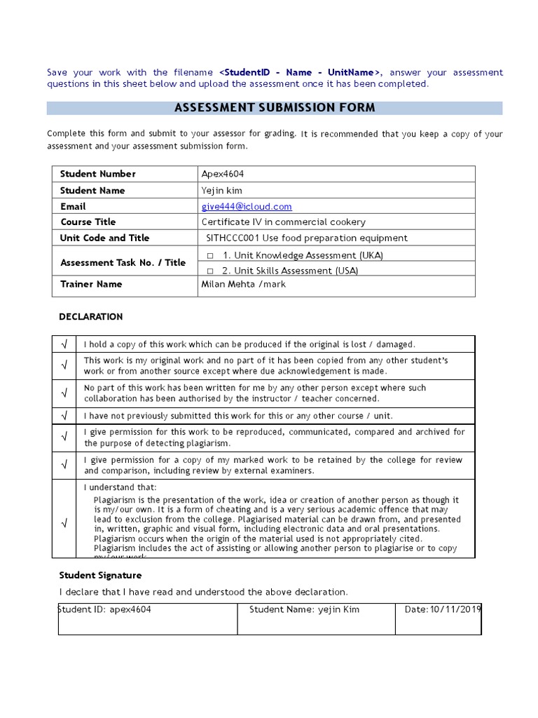 SITHCCC001 Assessment Submission Guide | PDF | Cooking | Food And Drink
