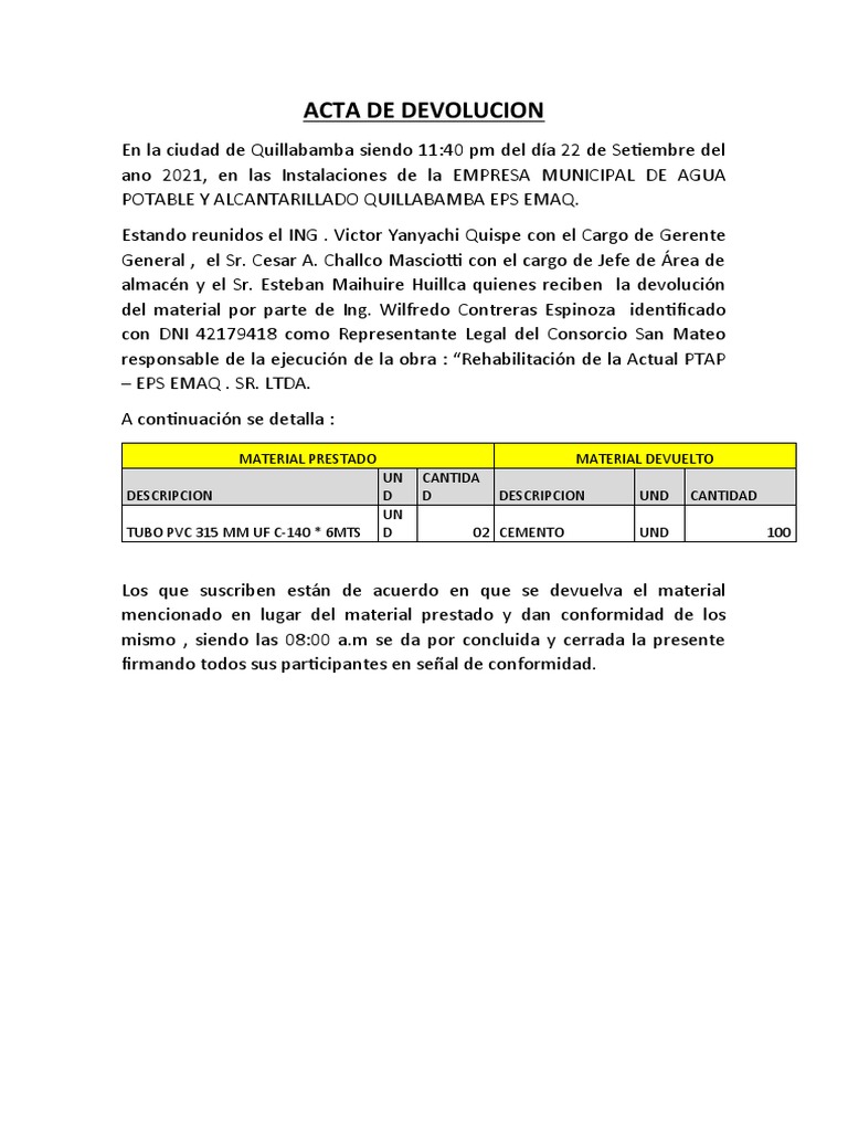 Acta de Devolucion | PDF