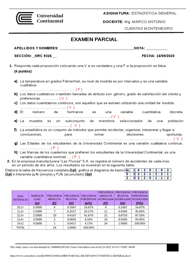 Examen Parcial de Estad Stica General | PDF | Estadísticas | Nivel de medida