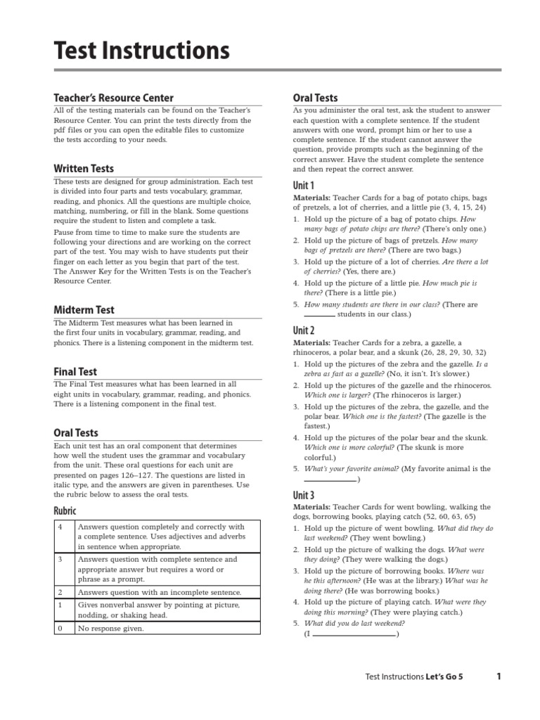 Test Instructions: Teacher's Resource Center Oral Tests | PDF | Phonics ...