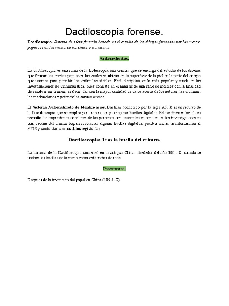 Dactiloscopia Forense: Historia y Aplicaciones | PDF