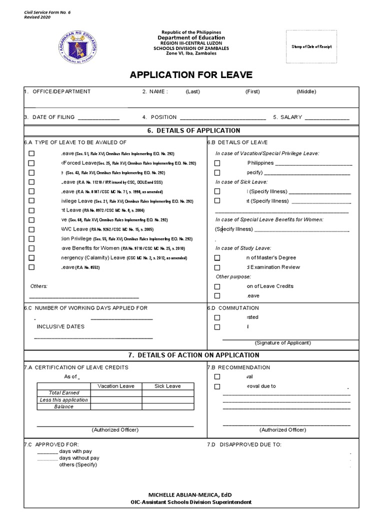 CS Form No. 6 Revised 2020 Application For Leave Fillable Blank | PDF ...