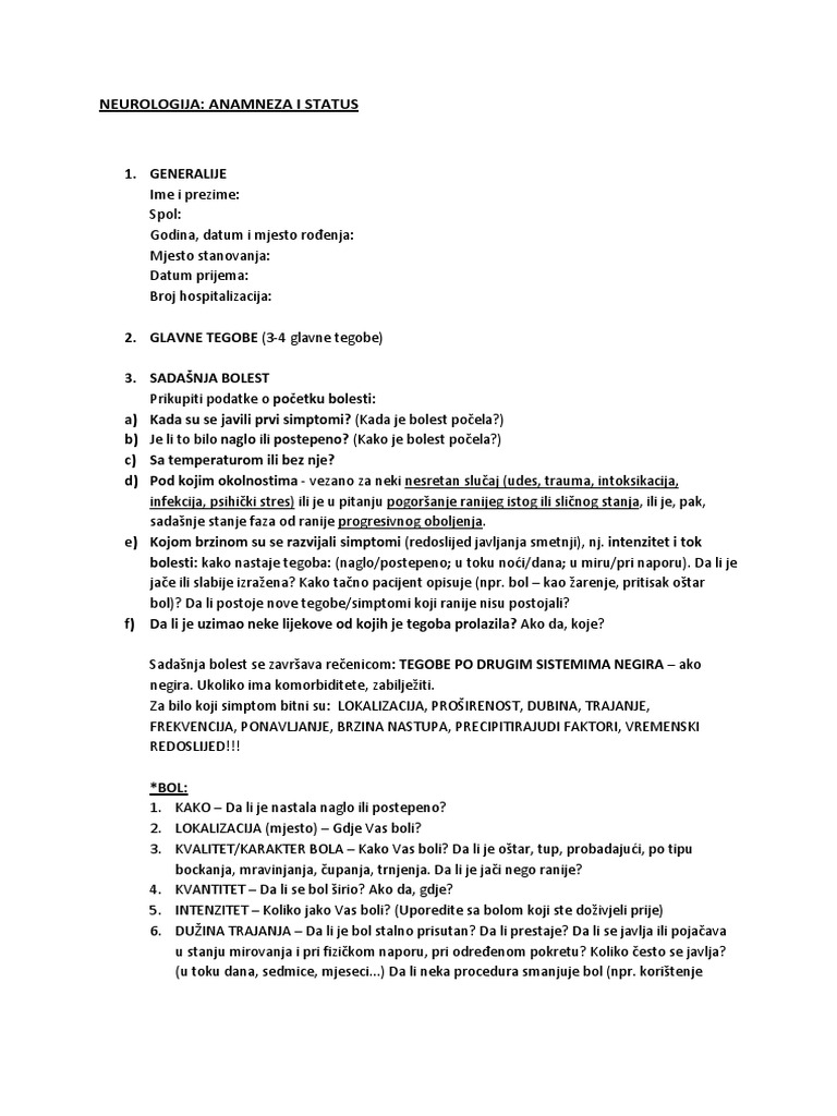 Anamneza I Status Neurologija | PDF