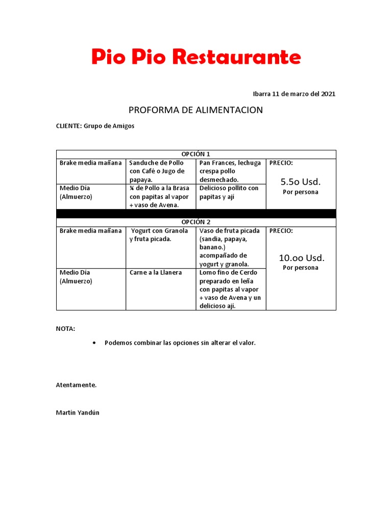 Proforma Alimentacion Cuicocha | PDF | Cocina, comidas y vino