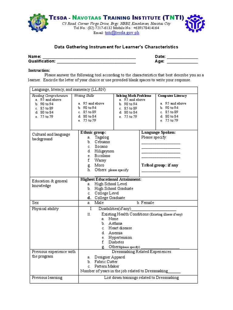 Assessing Learner Characteristics: A Data Gathering Tool for ...
