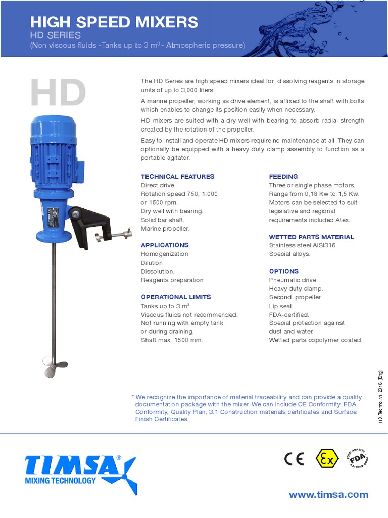 High Speed Mixers: HD Series | PDF | Propeller | Manufactured Goods