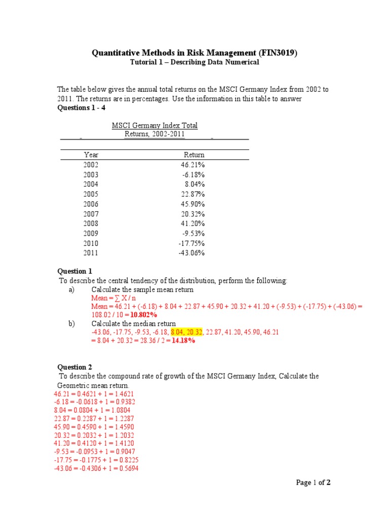 FIN3019 - Unit 1 Tutorial Describing Data Numerical Updated | PDF ...