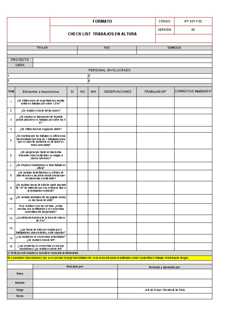 Formato de Check List de T Rabajos en Altura | PDF