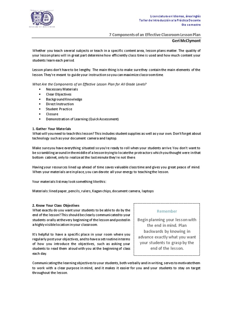Seven Components of An Effective Classroom LP | PDF | Lesson Plan ...