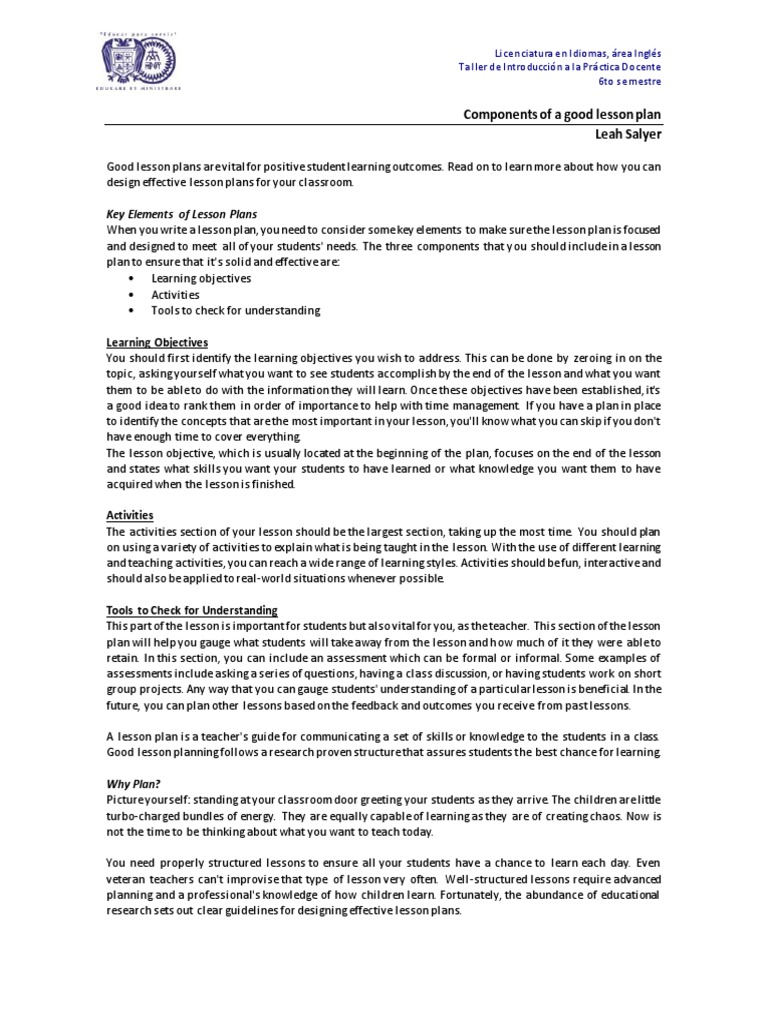 Components of A Good Lesson Plan | PDF | Lesson Plan | Teachers