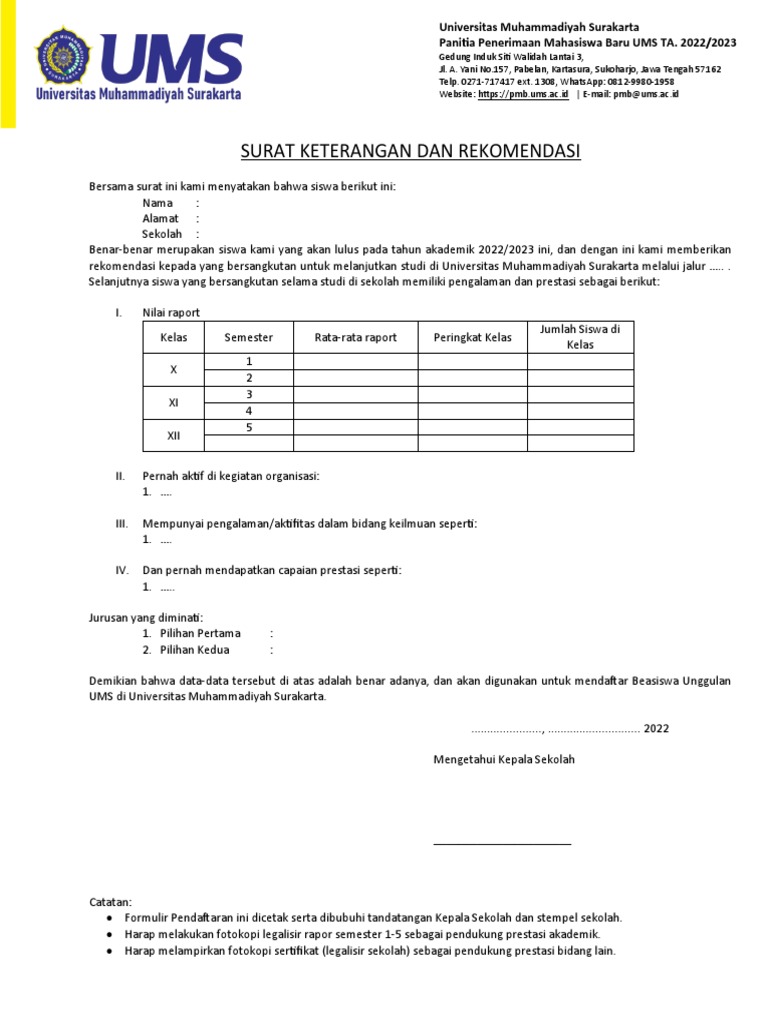 Surat Keterangan Dan Rekomendasi Besiswa Ums 2022 | PDF
