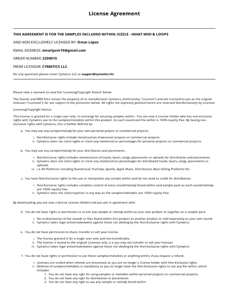 License - Agreement - 1642465253243 (Sizzle - Hihat Midi & Loops) | PDF ...