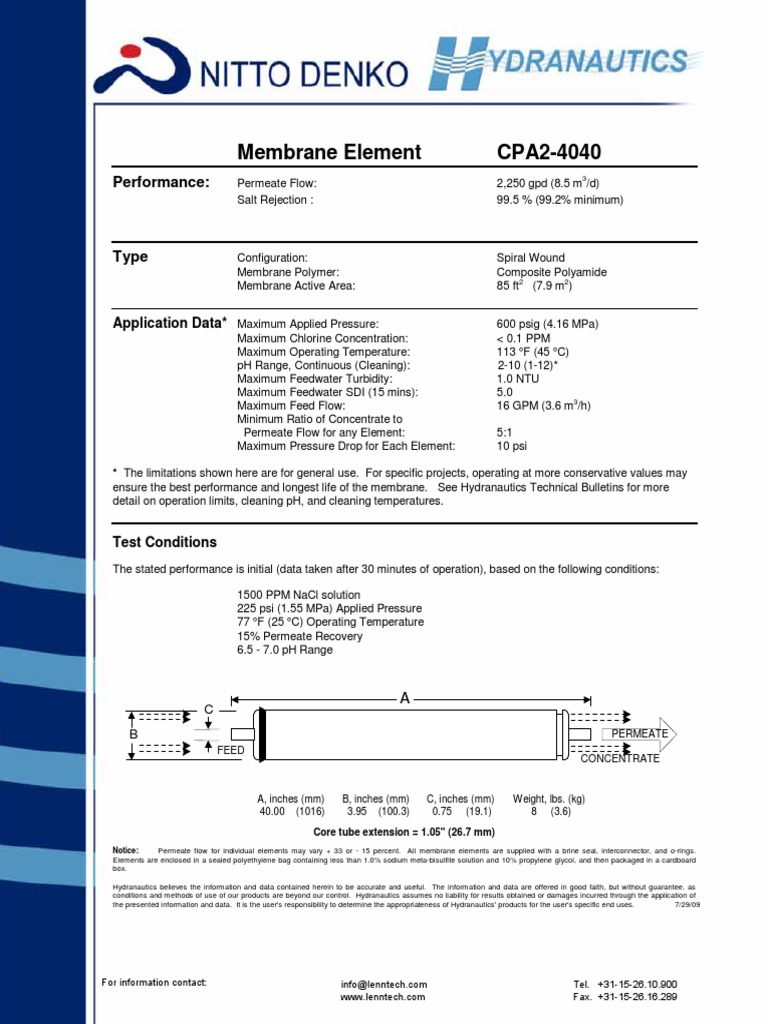 Hydranautics CPA2 4040 | PDF | Sodium Chloride | Membrane