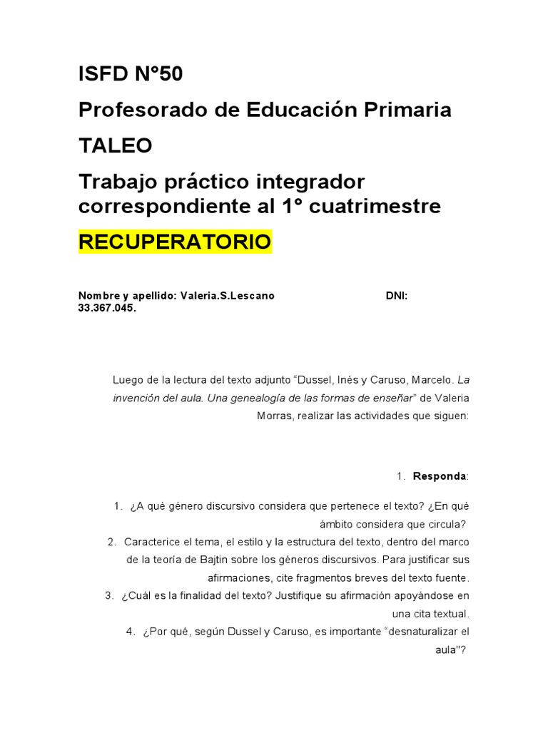 Valeria - Lescano 1ro - EP TP - TALEO | PDF | Salón de clases | Cognición