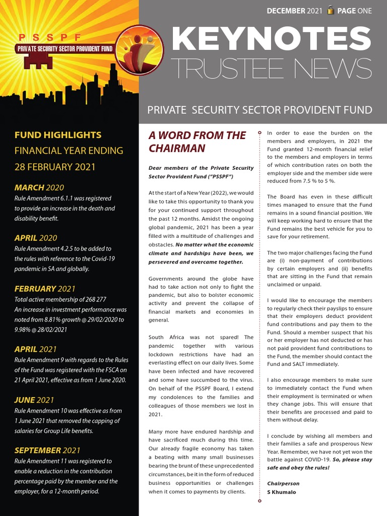 PSSPF Keynotes Trusteenewsletter-1 | PDF | Employment | Regulatory ...