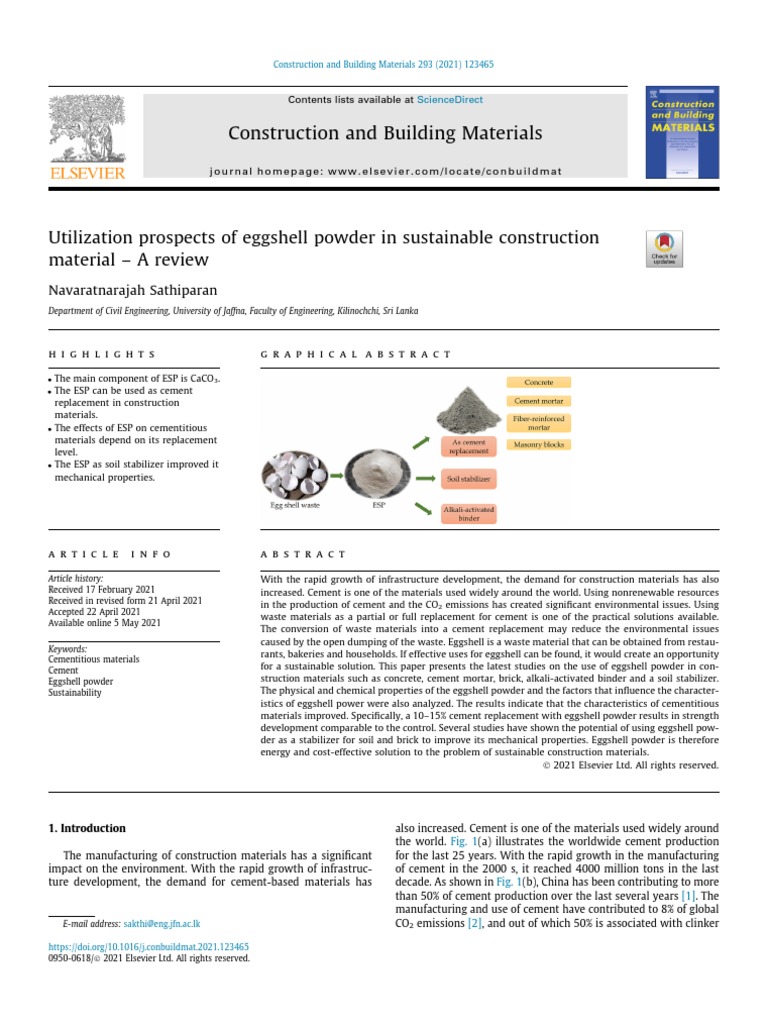 Utilization Prospects of Eggshell Powder in Sustainable Construction ...