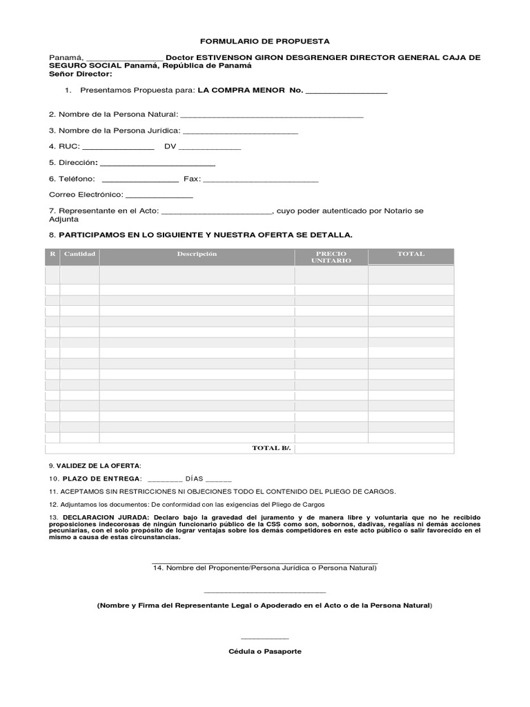 Modelo Formulario de Propuesta Compra Menor | PDF