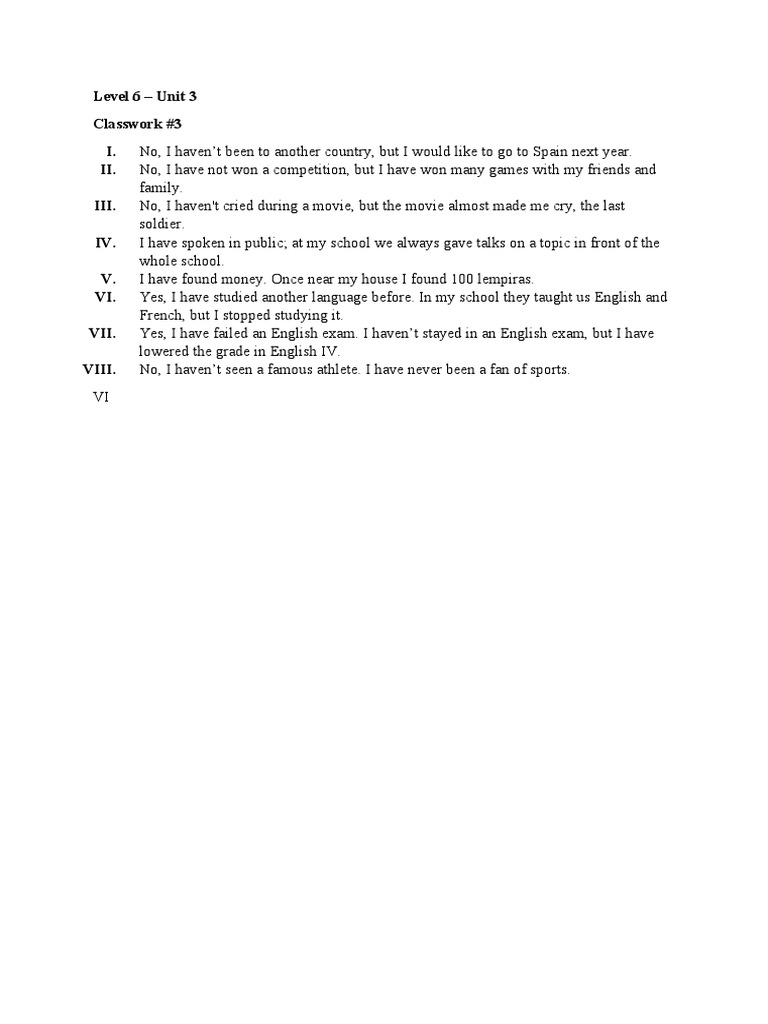 Level 6 - Unit 3 Classwork #3 I. II. Iii. IV. V. VI. Vii. Viii | PDF