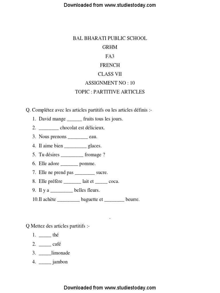 Articles Partitifs en Français - Exercice VII | PDF | Cuisine | Nourritures