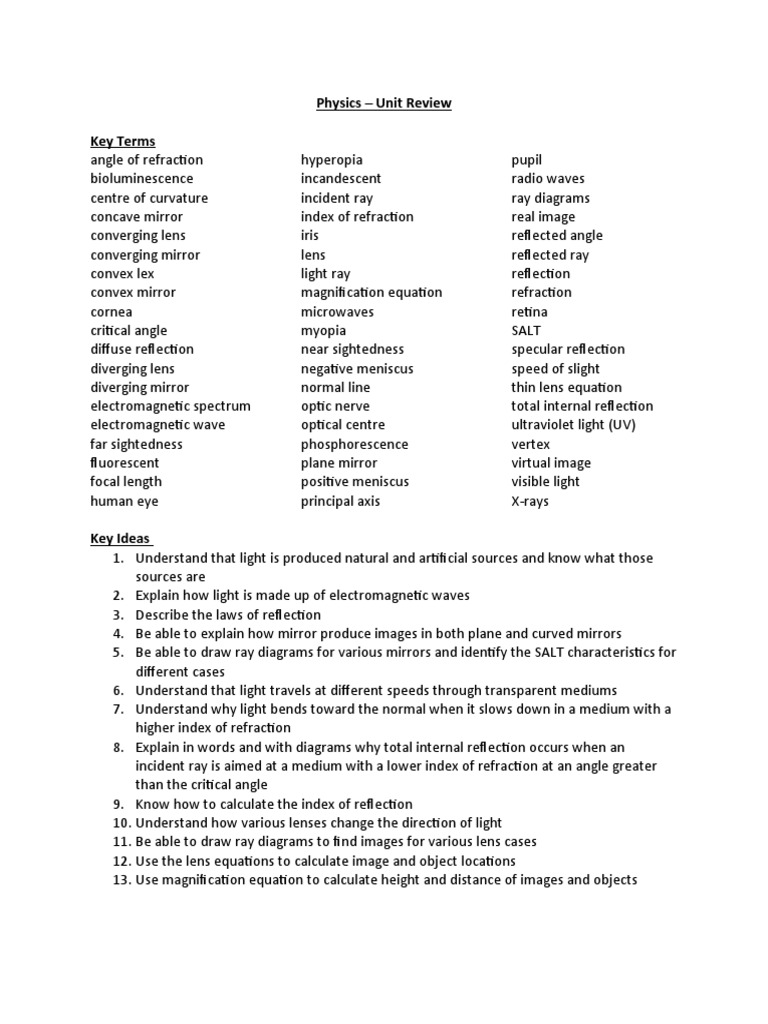 Physics - Unit Review Key Terms | Download Free PDF | Optics ...