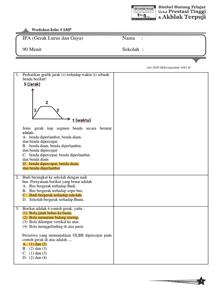 KP 2 - Worksheet IPA Kelas 8 SMP (Gerak Lurus Dan Gaya) | PDF
