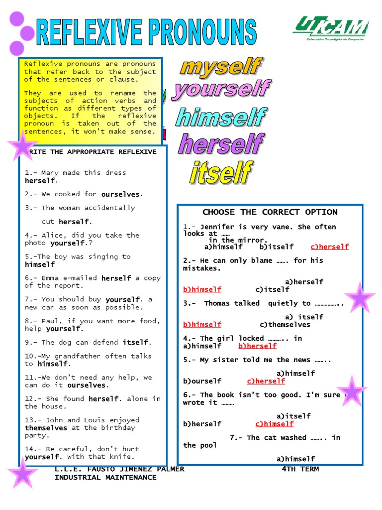 Reflexive Pronouns Exercises and Activities | PDF | Cognitive Science ...