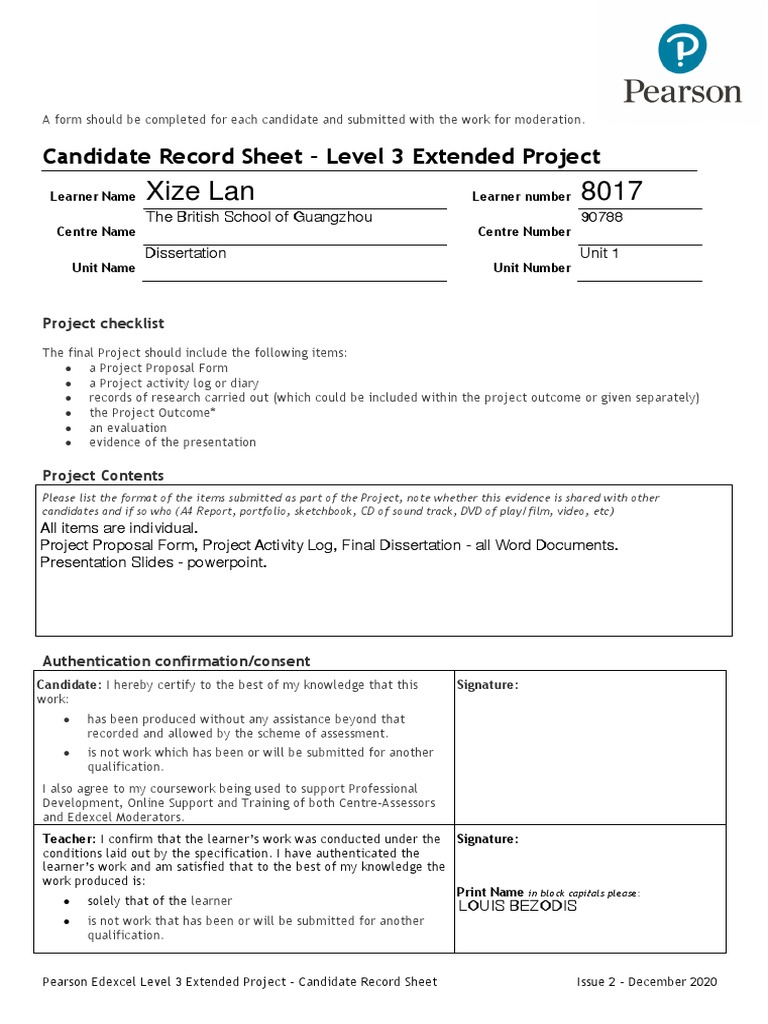 Edexcel Level 3 Project Record Sheet | PDF | Learning | Cognition
