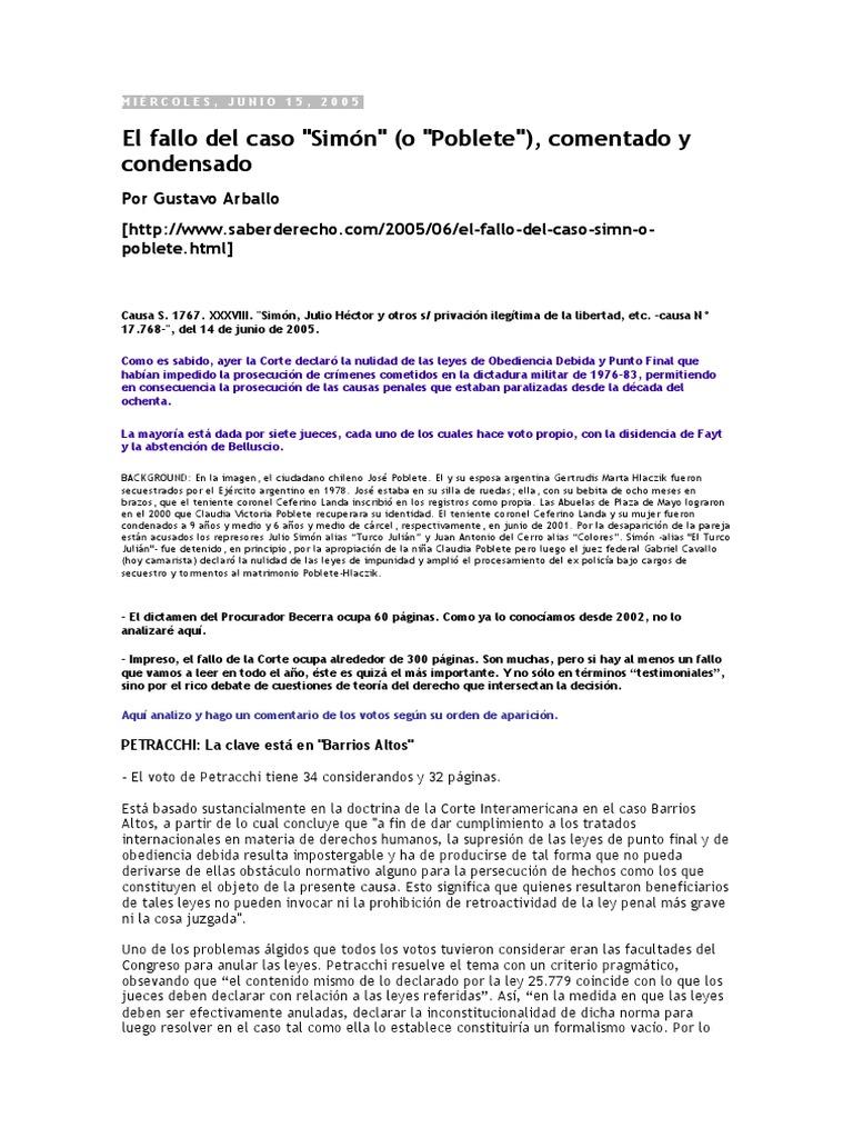 ARBALLO El Fallo Simon (O Poblete) Condensado y Comentado | PDF ...